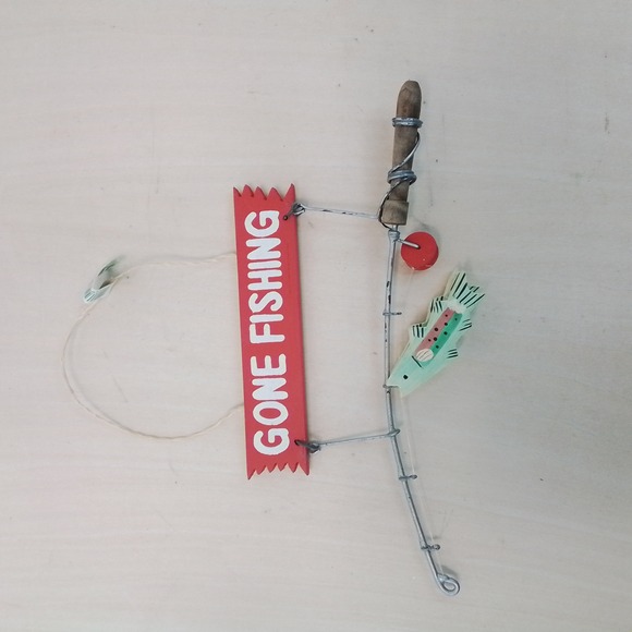 Wall Decor | Rustic Gone Fishing Sign With Clothespin Fish And Red Flag ...